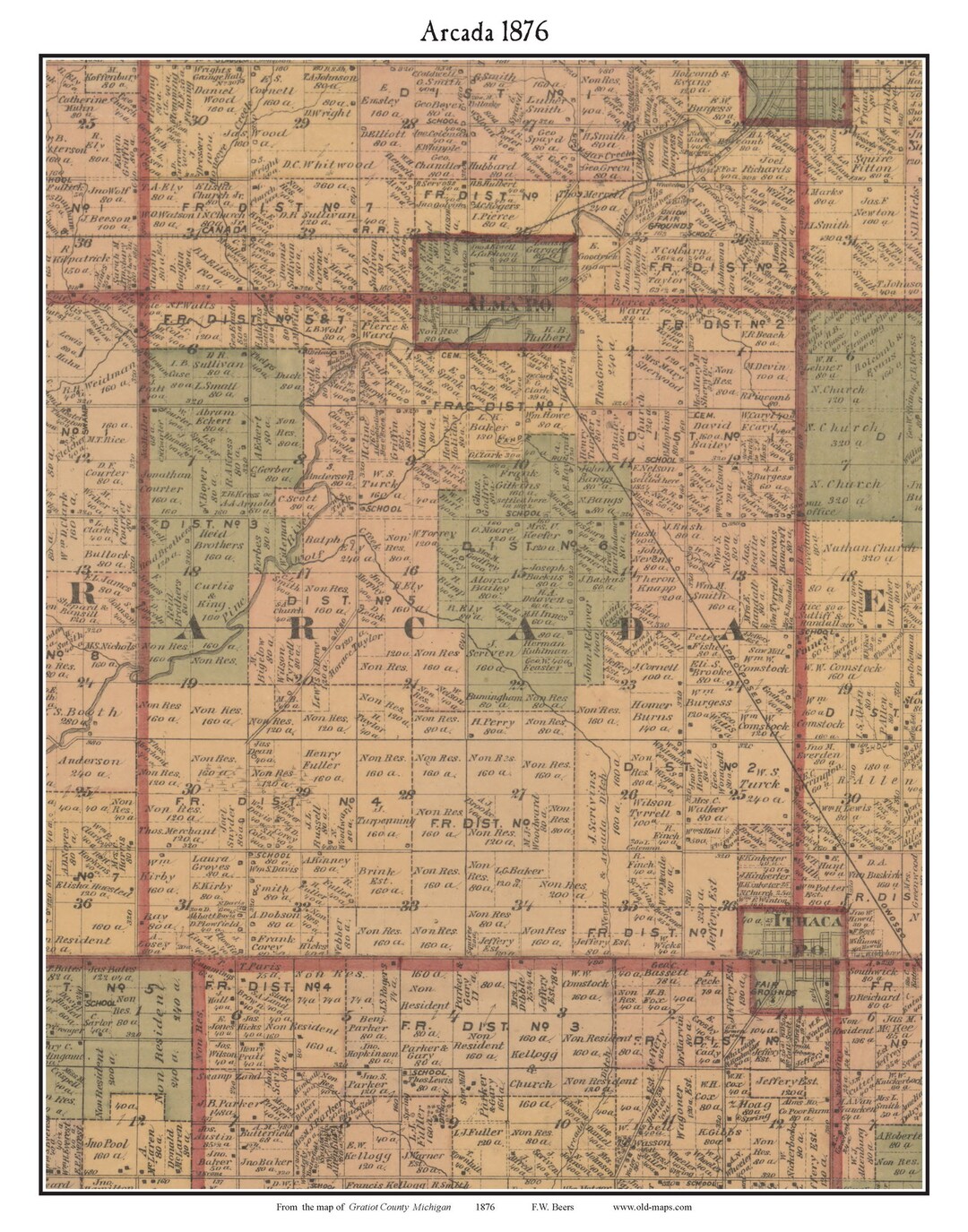 Arcada 1876 Old Town Map With Homeowner Names - Alma - Ithaca Michigan ...