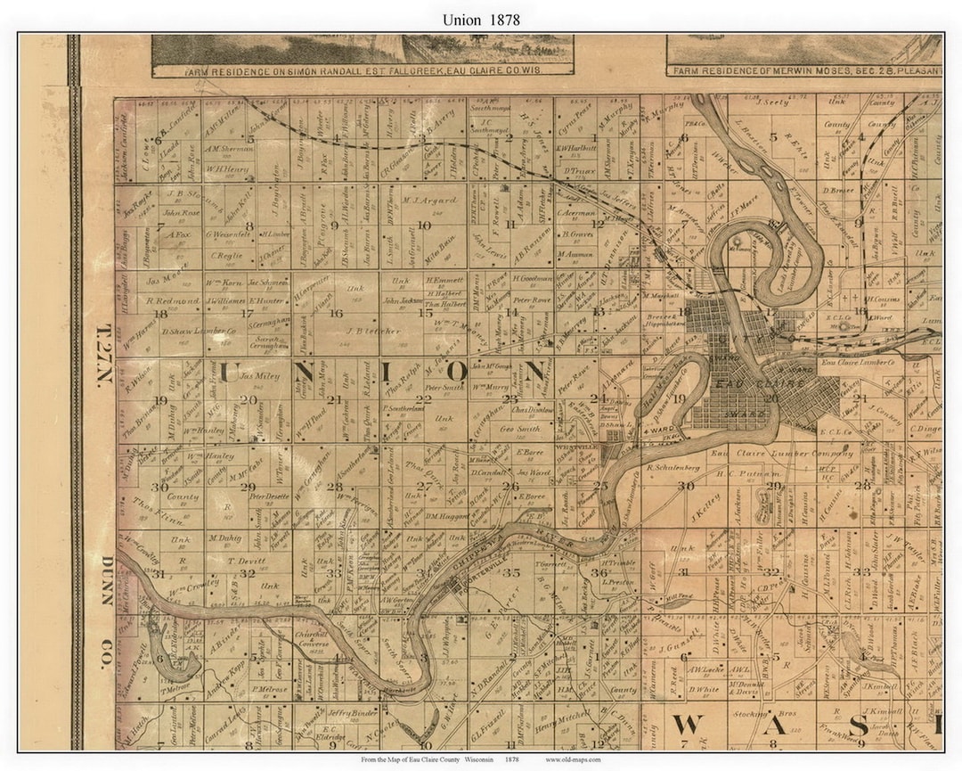 Union 1878 - Old Town Map With Homeowner Names - Wisconsin - Reprint ...