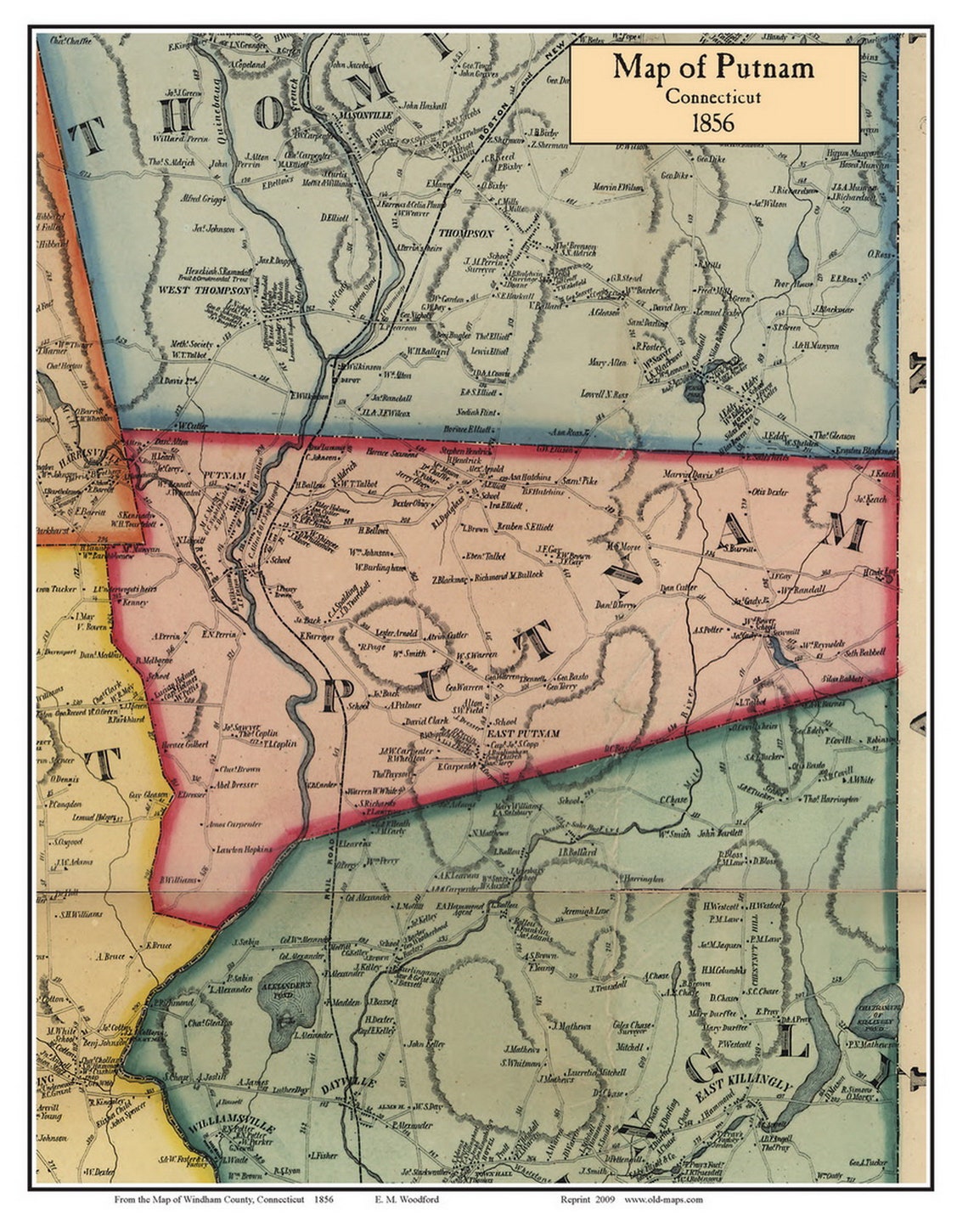 Putnam 1856 Old Town Map With Homeowner Names Connecticut Reprint ...