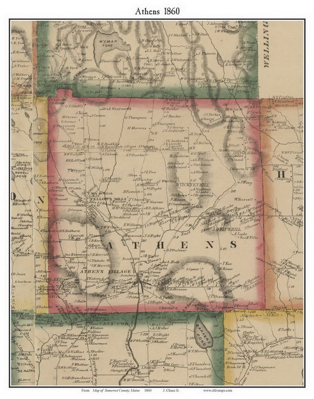 Athens 1860 Old Town Map With Homeowner Names Maine - Reprint Genealogy ...
