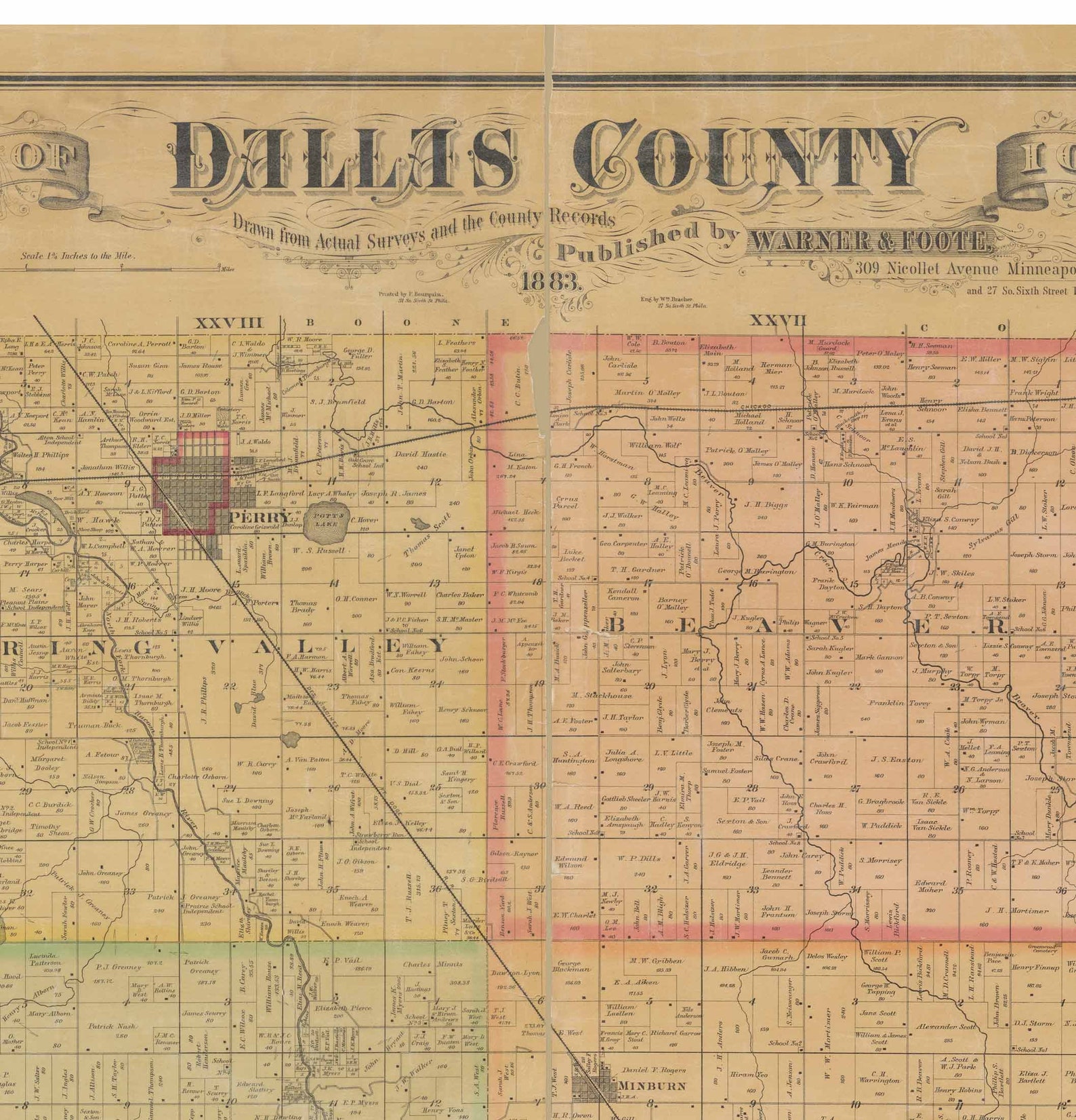 Dallas County Iowa 1883 Old Wall Map With Landowner Names Farm Lines ...