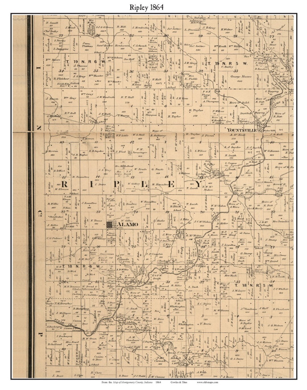 Ripley 1864 Old Town Map With Homeowner Names Indiana Alamo Yountsville ...
