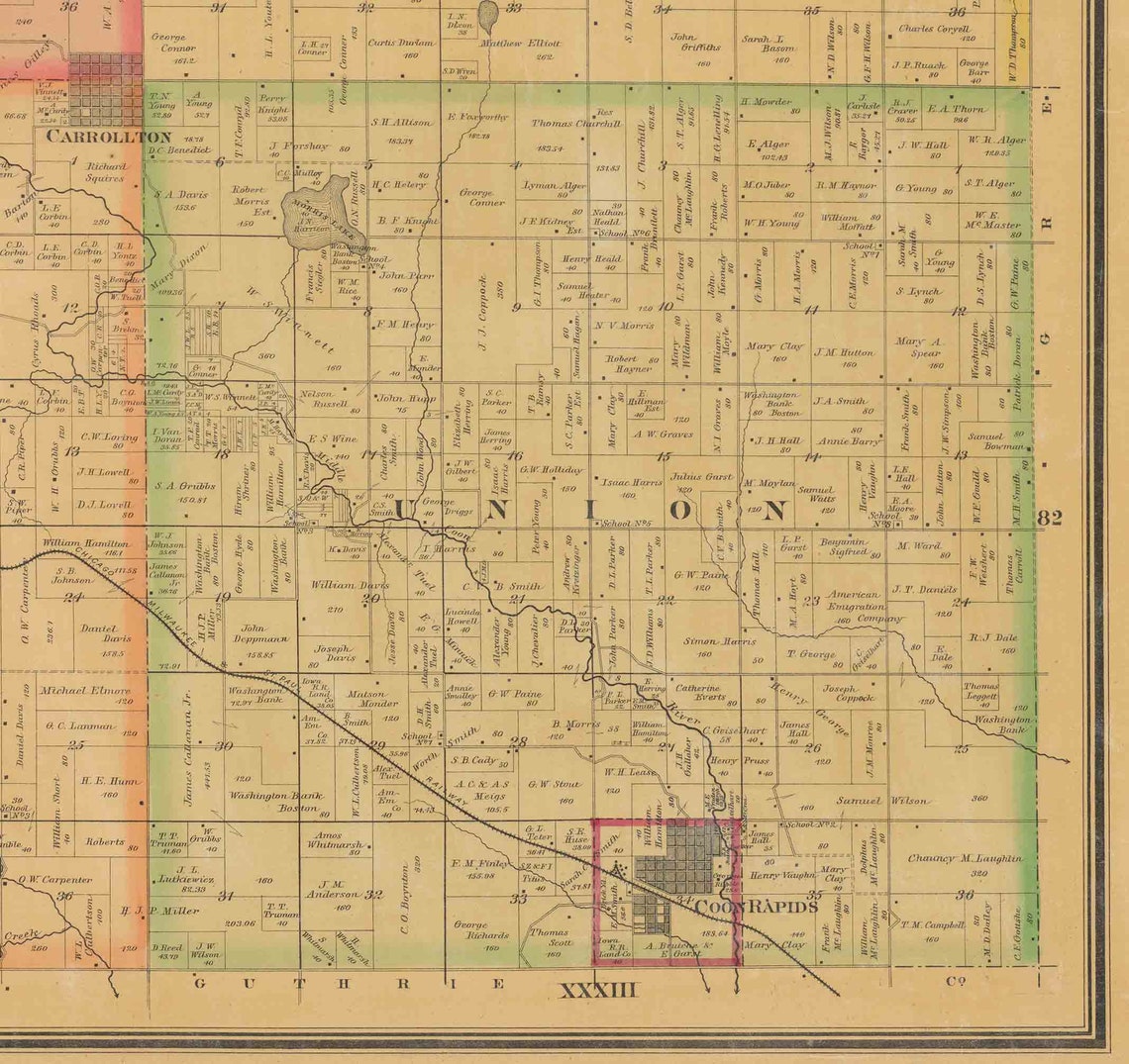 Carroll County Iowa 1884 Old Wall Map With Landowner Names Farm Lines ...