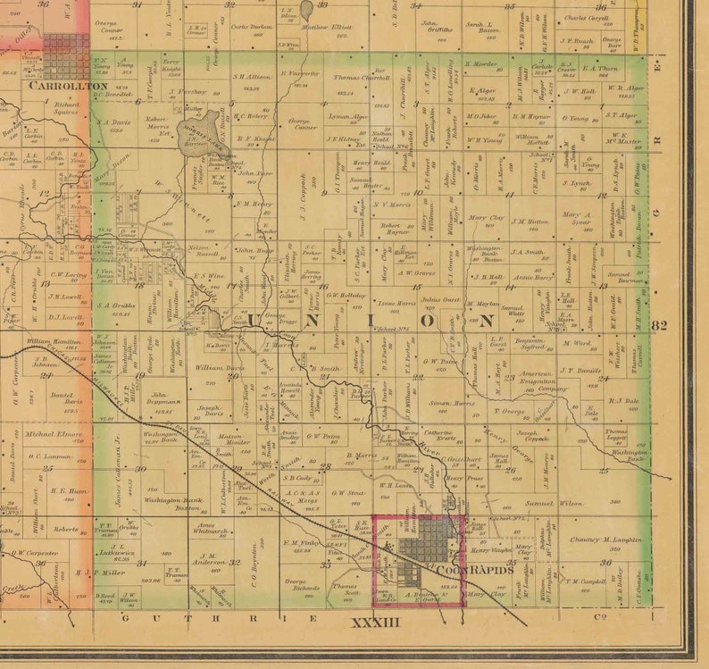 Carroll County Iowa 1884 Old Wall Map With Landowner Names Farm Lines ...