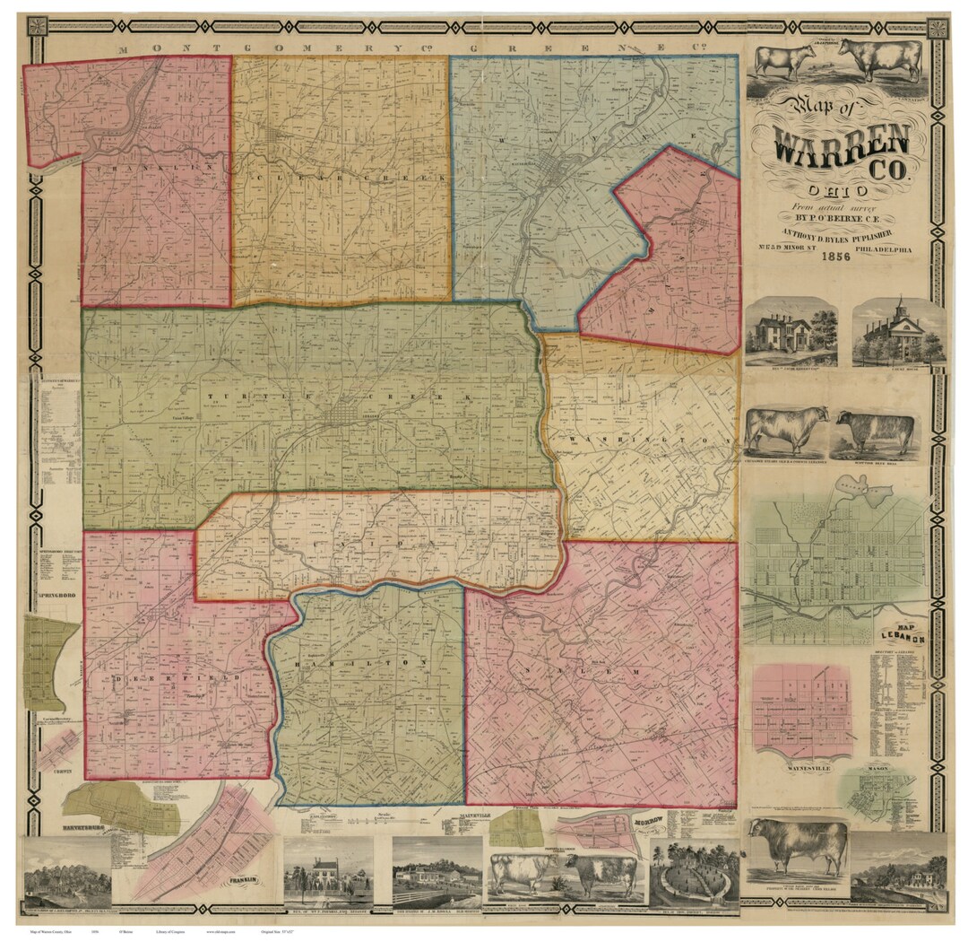 Warren County Ohio 1856 - Old Wall Map Reprint With Homeowner Names ...