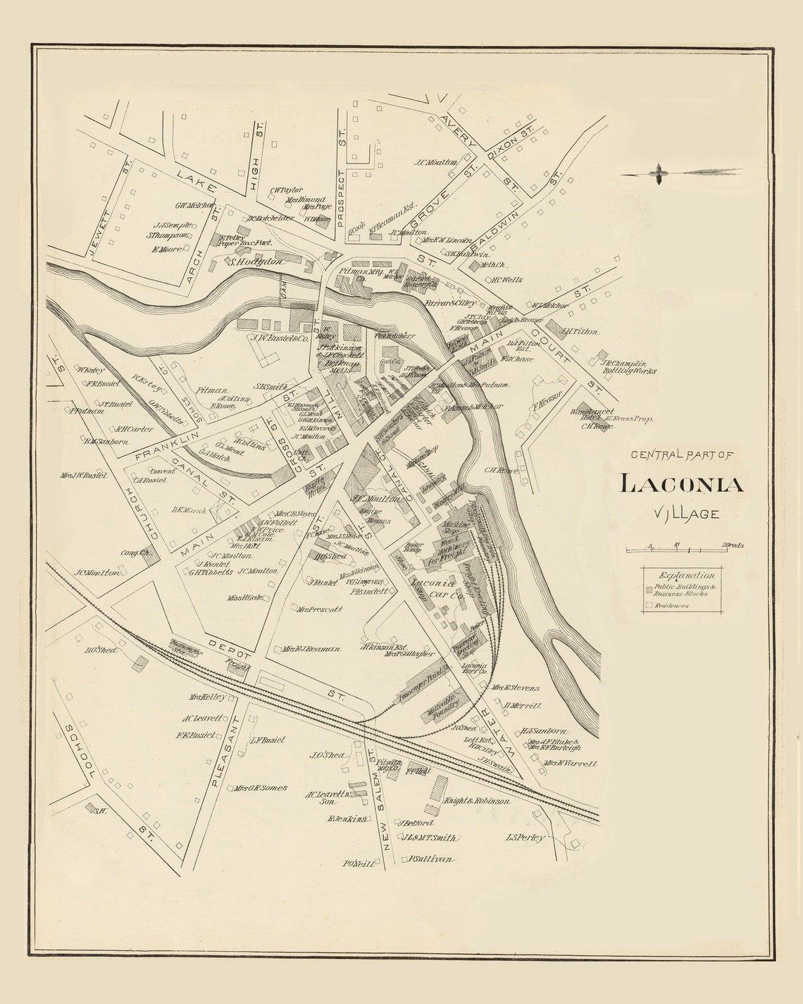 Laconia Central 1892 Old Town Map Homeowner Names Custom - Etsy