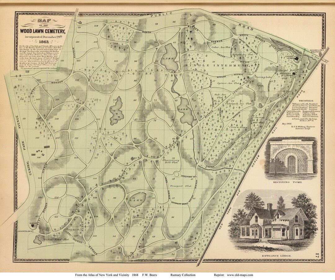 Yonkers Woodlawn Cemetery 1868 - Old Town Map Reprint - Westchester Co ...