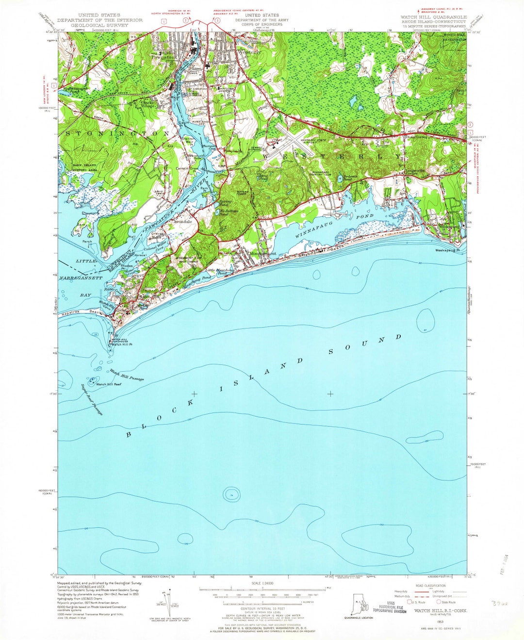 Watch Hill 1953 Old Topo Map - Stonington, Pawcatuck River, Westerly ...