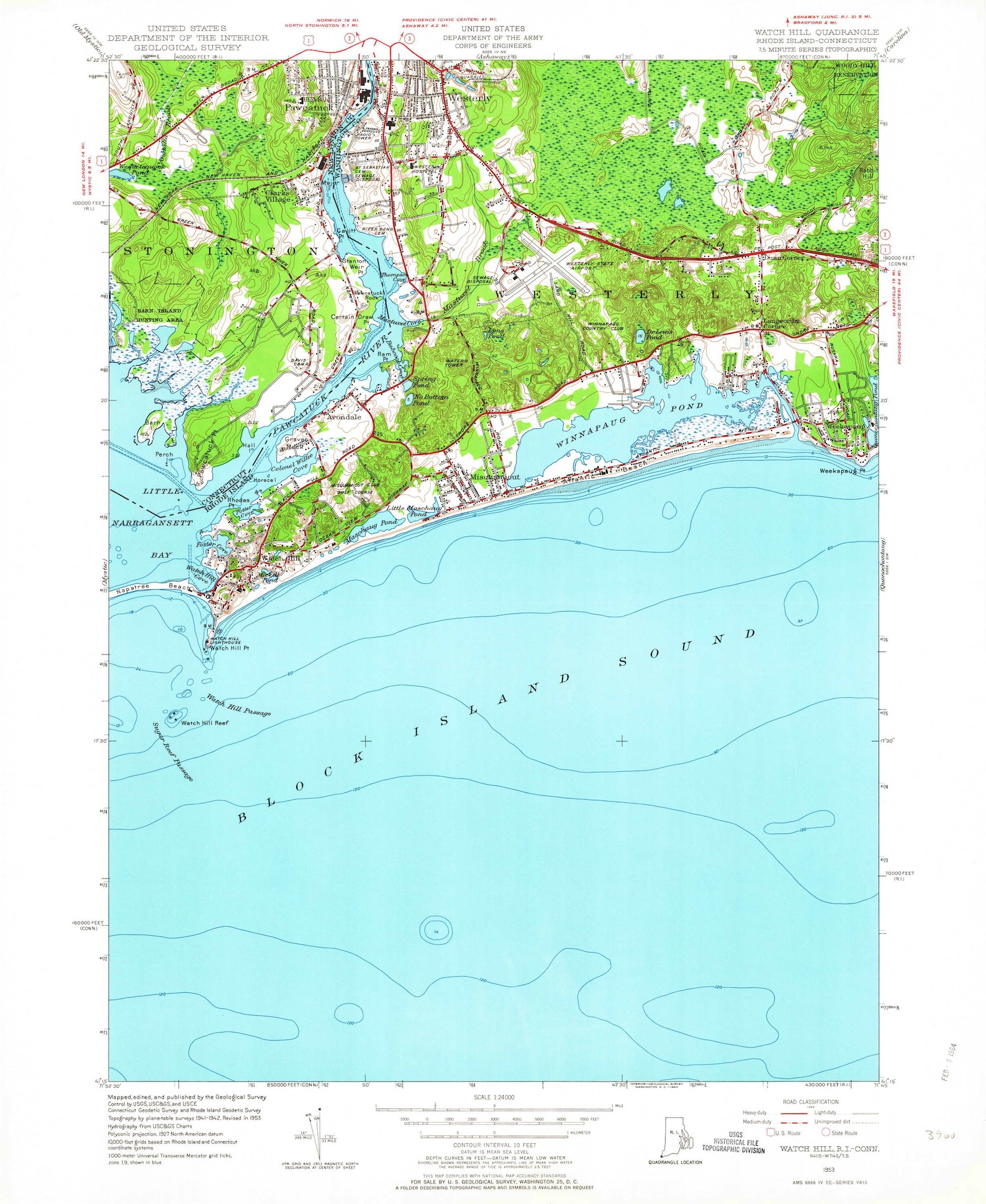 Watch Hill 1953 Old Topo Map - Stonington, Pawcatuck River, Westerly ...