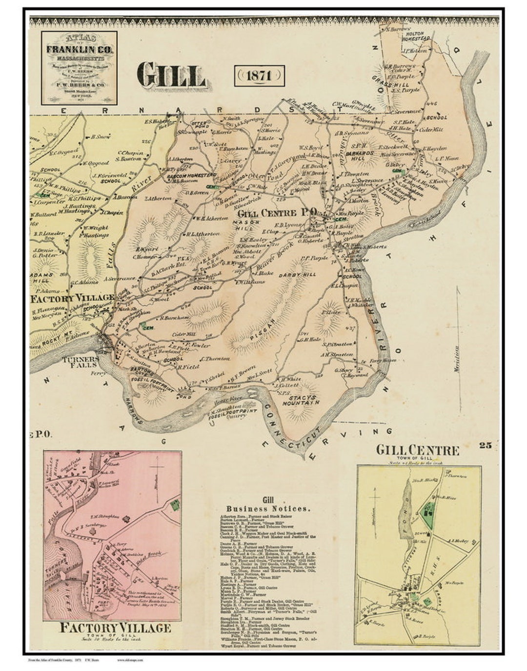 Gill 1871 - Old Town Map Reprint - Factory Village, Franklin County ...