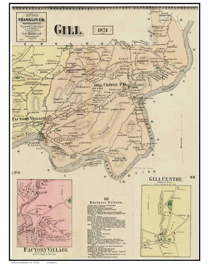 Gill 1871 Old Town Map Reprint Factory Village, Franklin County ...