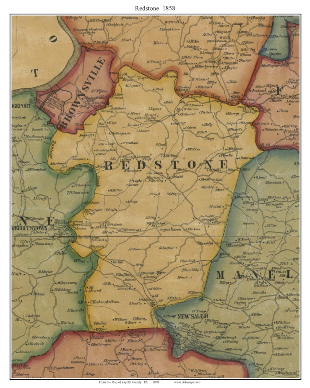Redstone 1858 Old Town Map With Homeowner Names - Pennsylvania- Reprint ...