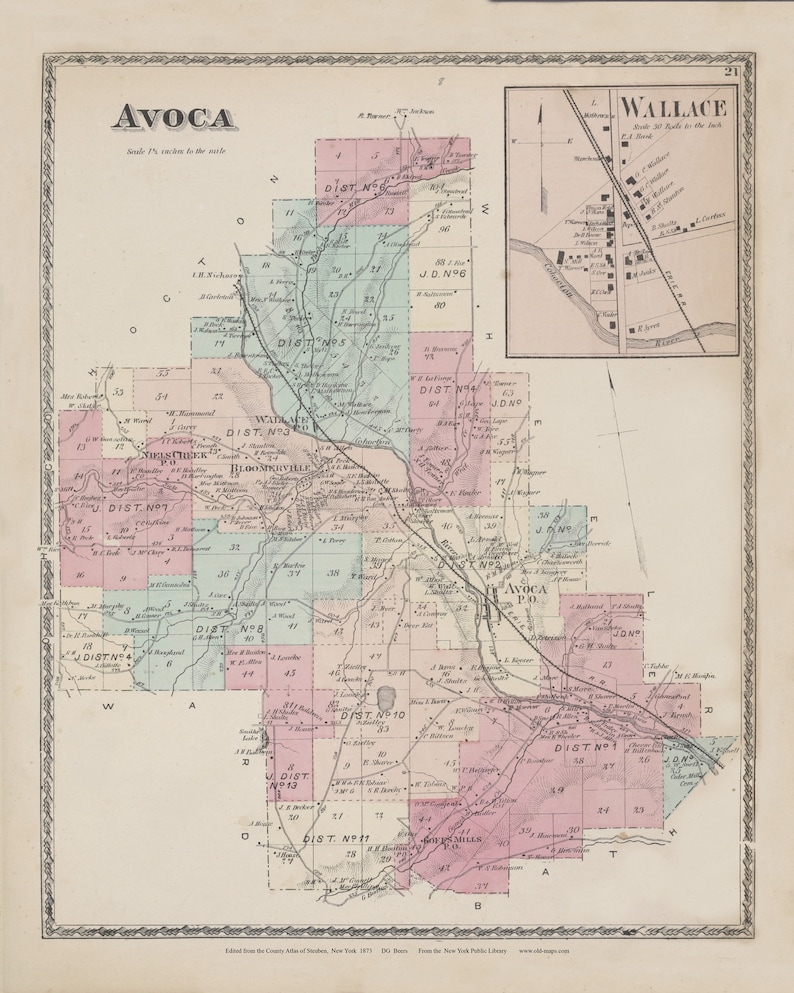 Avoca 1873 Map Wallace Homeowner Names Reprint Steuben Co - Etsy