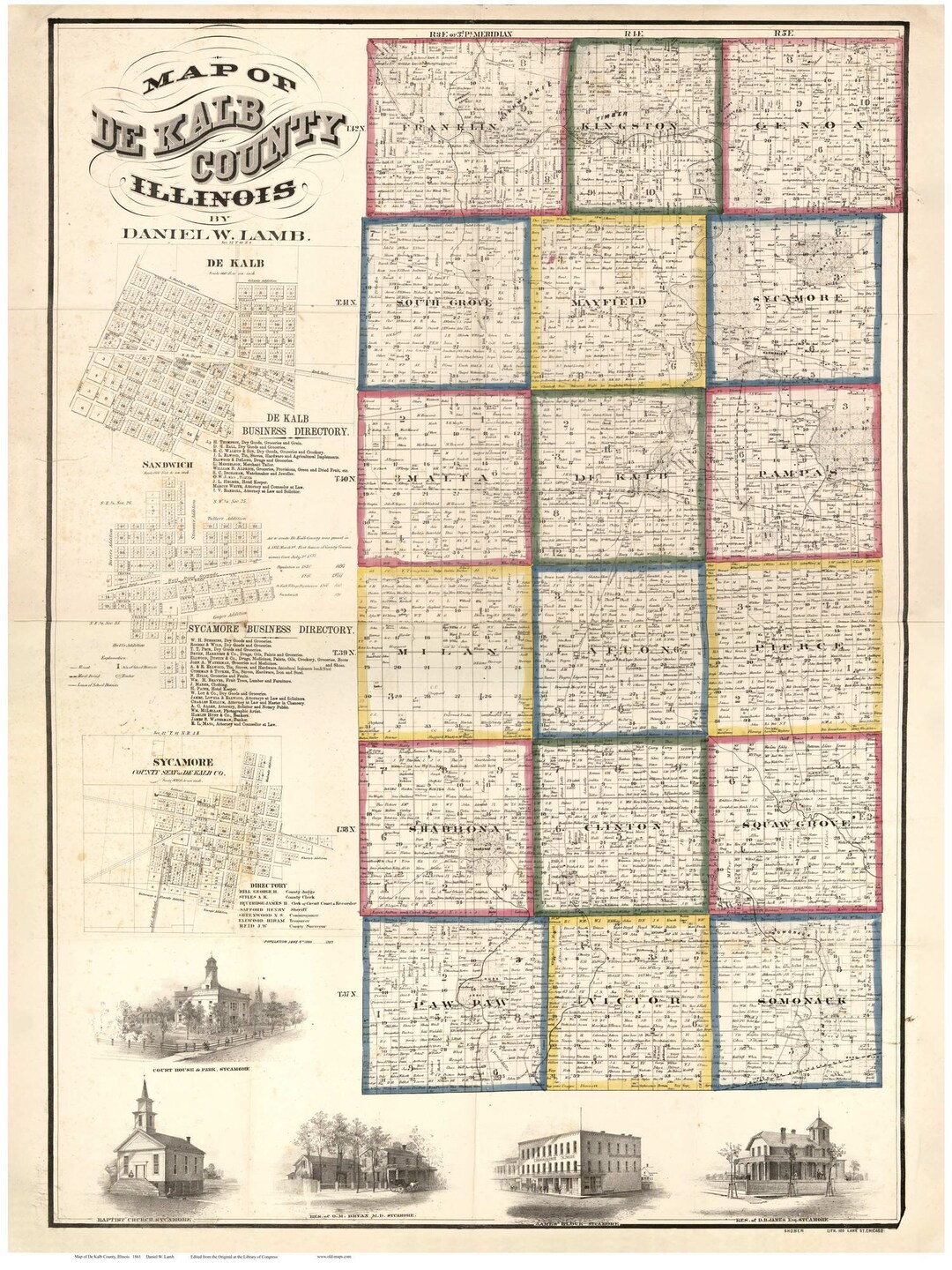 Dekalb County Illinois 1860 - Old Wall Map Reprint With Landowner Names ...