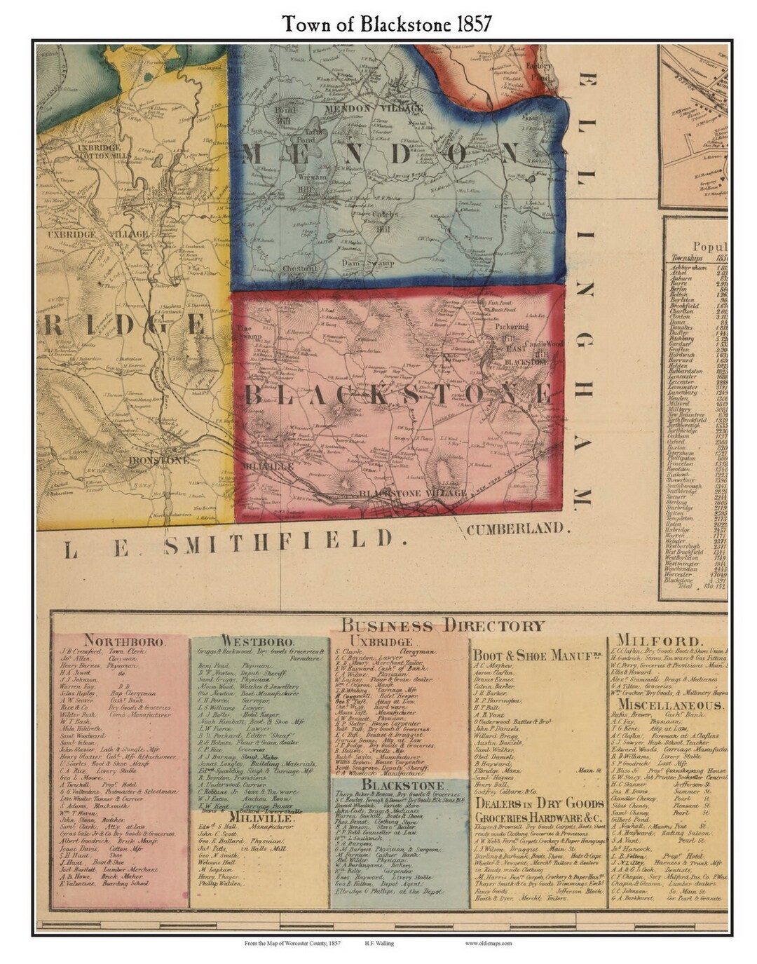 Blackstone 1857 Old Town Map With Homeowner Names Massachusetts ...