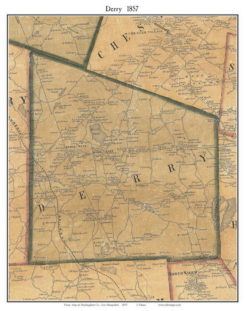 Derry 1857 Old Town Map With Homeowner Names New Hampshire - Reprint ...