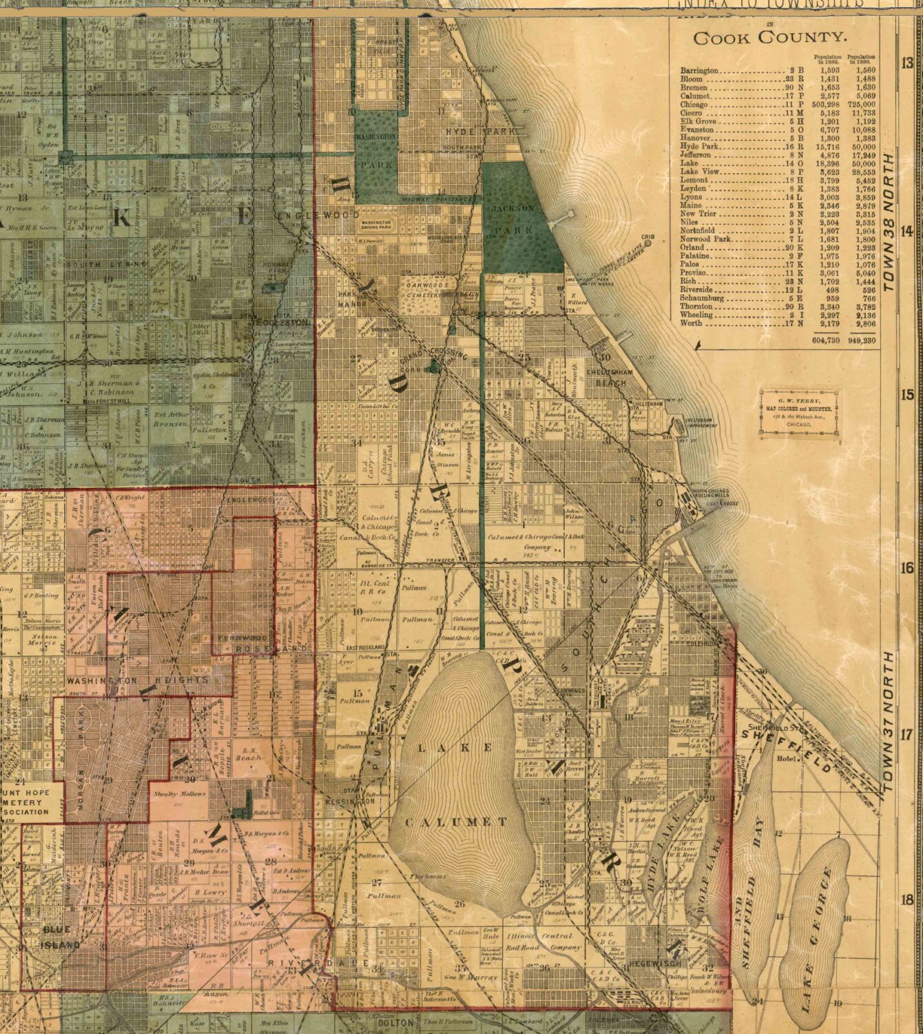 Cook County Illinois 1886 - Old Wall Map Reprint With Homeowner Names ...