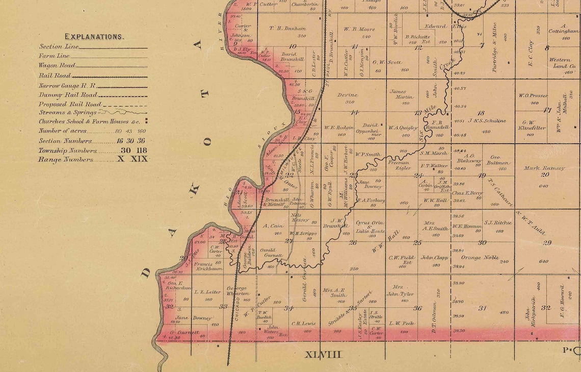 Sioux County Iowa 1884 Old Wall Map With Landowner Names Farm Lines ...