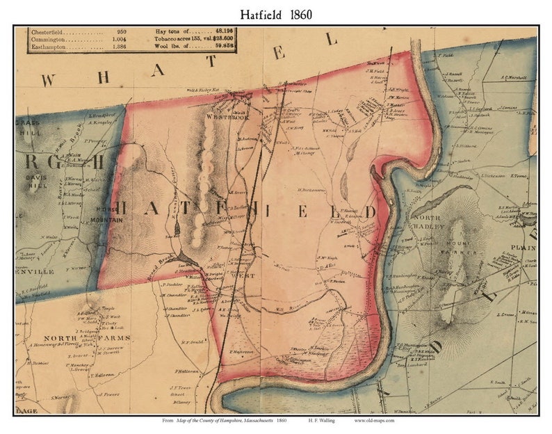 Hatfield 1860 Old Town Map With Homeowner Names Massachusetts - Etsy