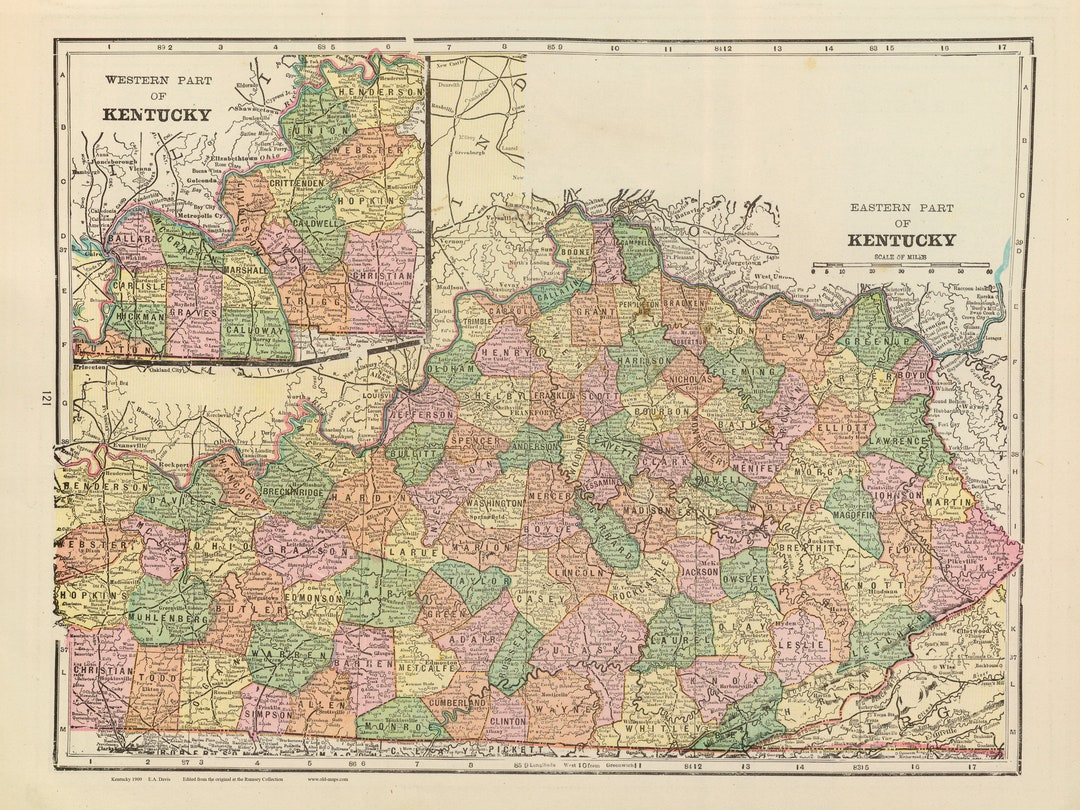 Kentucky 1909 - State Map Davis - Old Map Reprint - Etsy