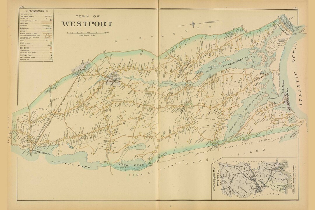 Westport 1895 Old Town Map Reprint - Watuppa Pond, Horseneck Beach ...