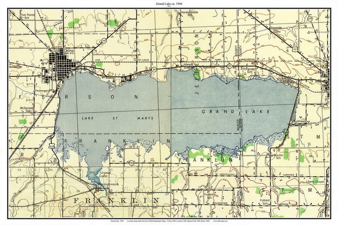Grand Lake 1944 Old Topographic Map USGS - Celina - Montezuma ...