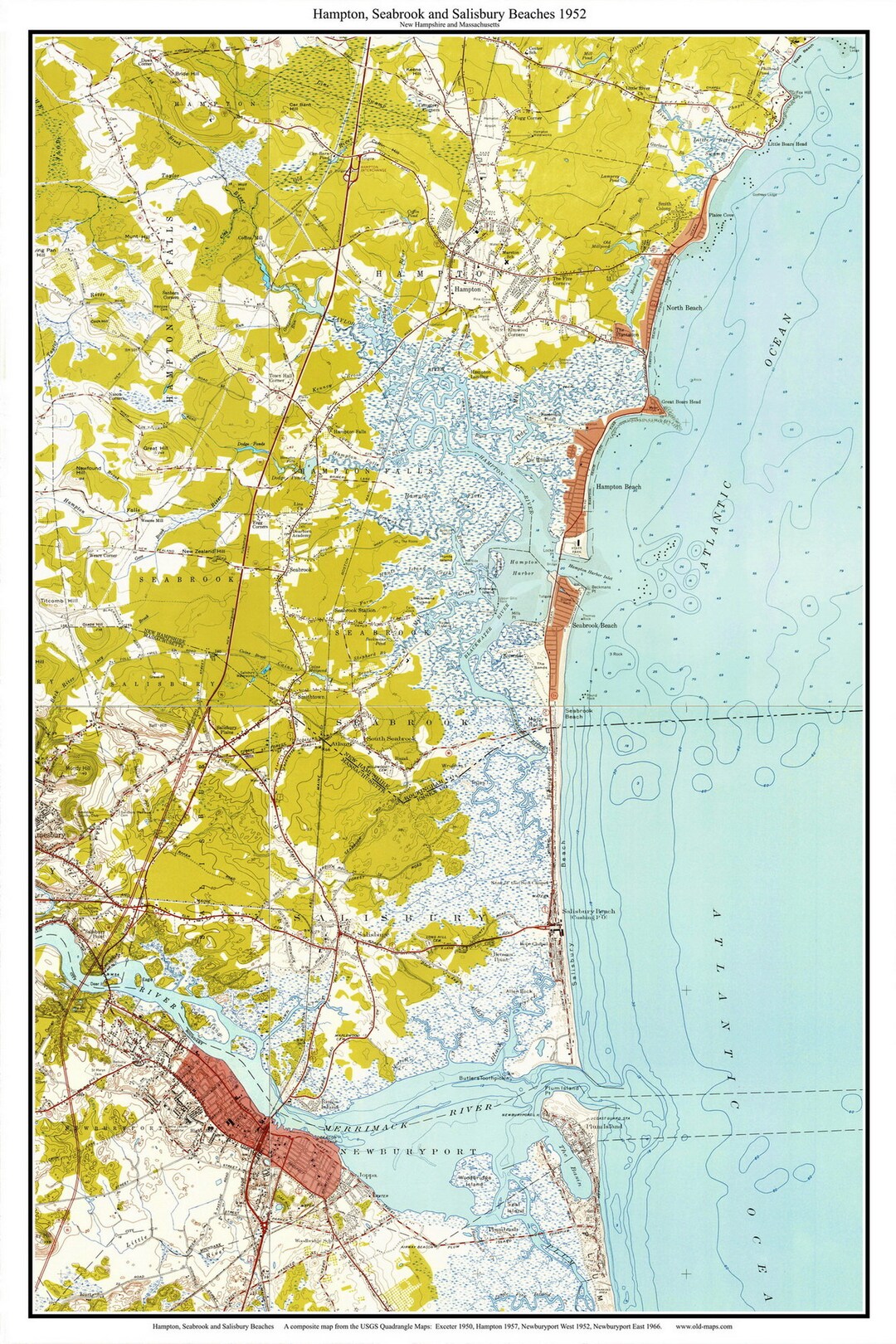 Hampton Beach 1952 Old Topographic Map Seabrook Salisbury USGS Custom ...