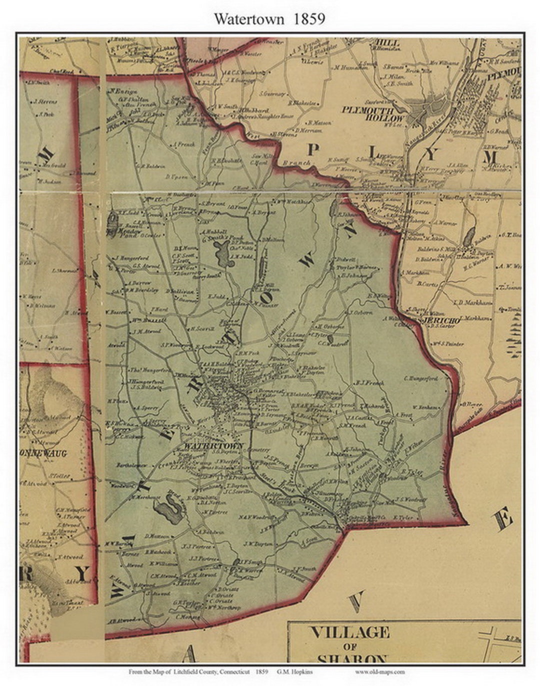 Watertown 1859 Old Town Map With Homeowner Names Connecticut - Reprint ...