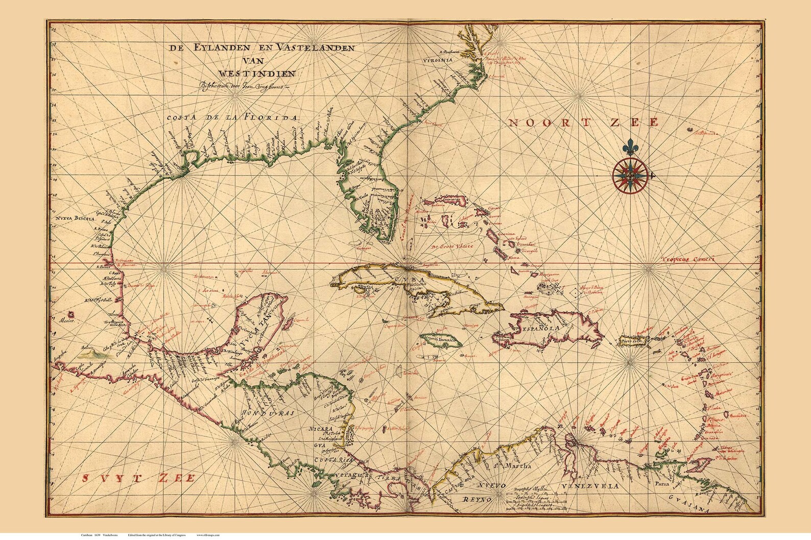 Caribbean 1639 Map by Vinckeboons Reprint Cuba Puerto | Etsy