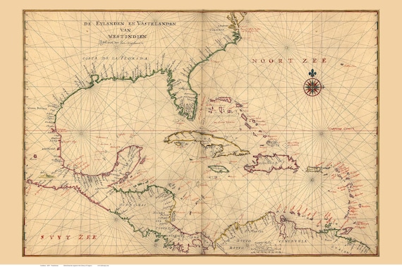 Caribbean 1639 Map by Vinckeboons Reprint Cuba Puerto | Etsy