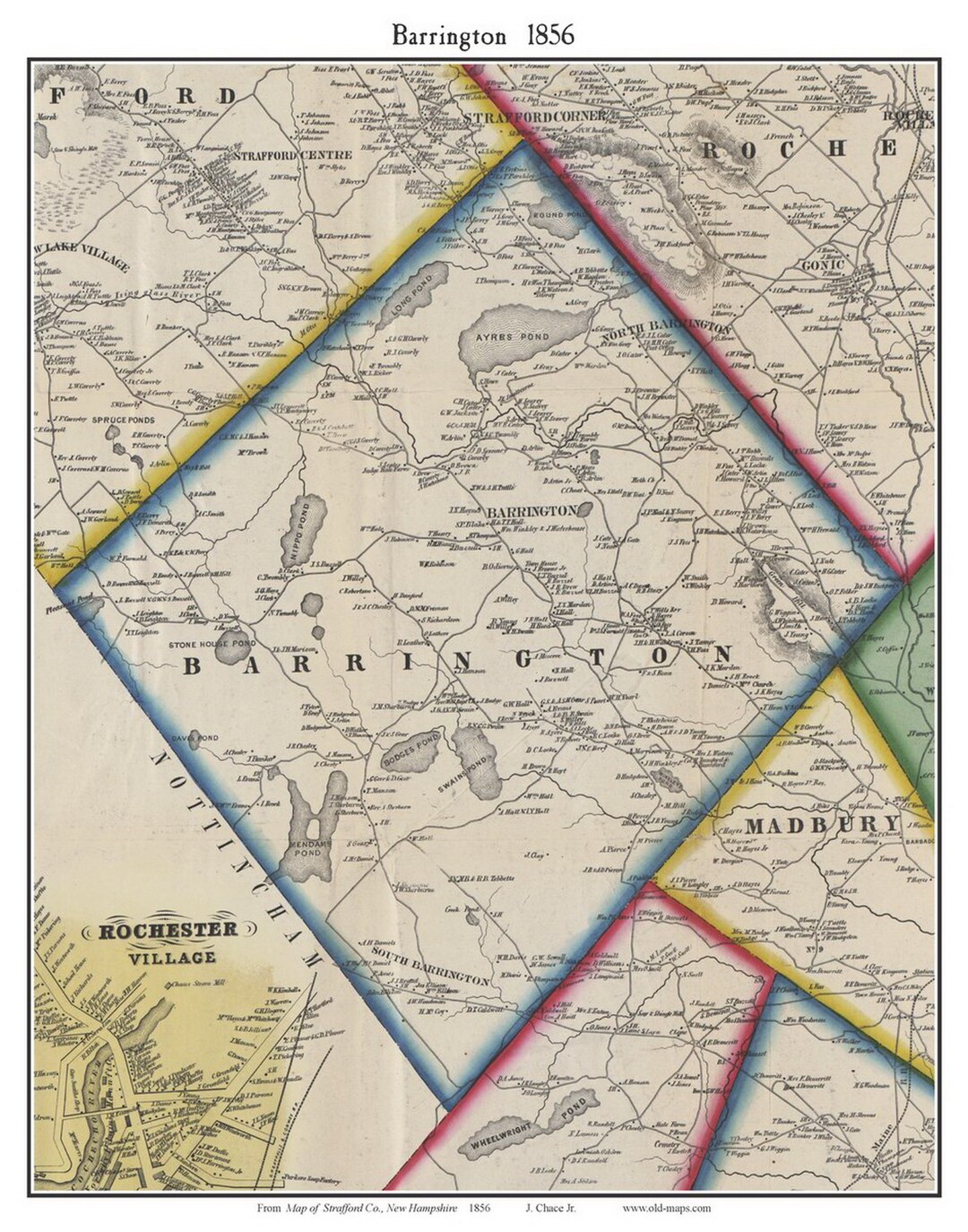 Barrington 1856 Old Town Map With Homeowner Names New Hampshire - Ayres ...