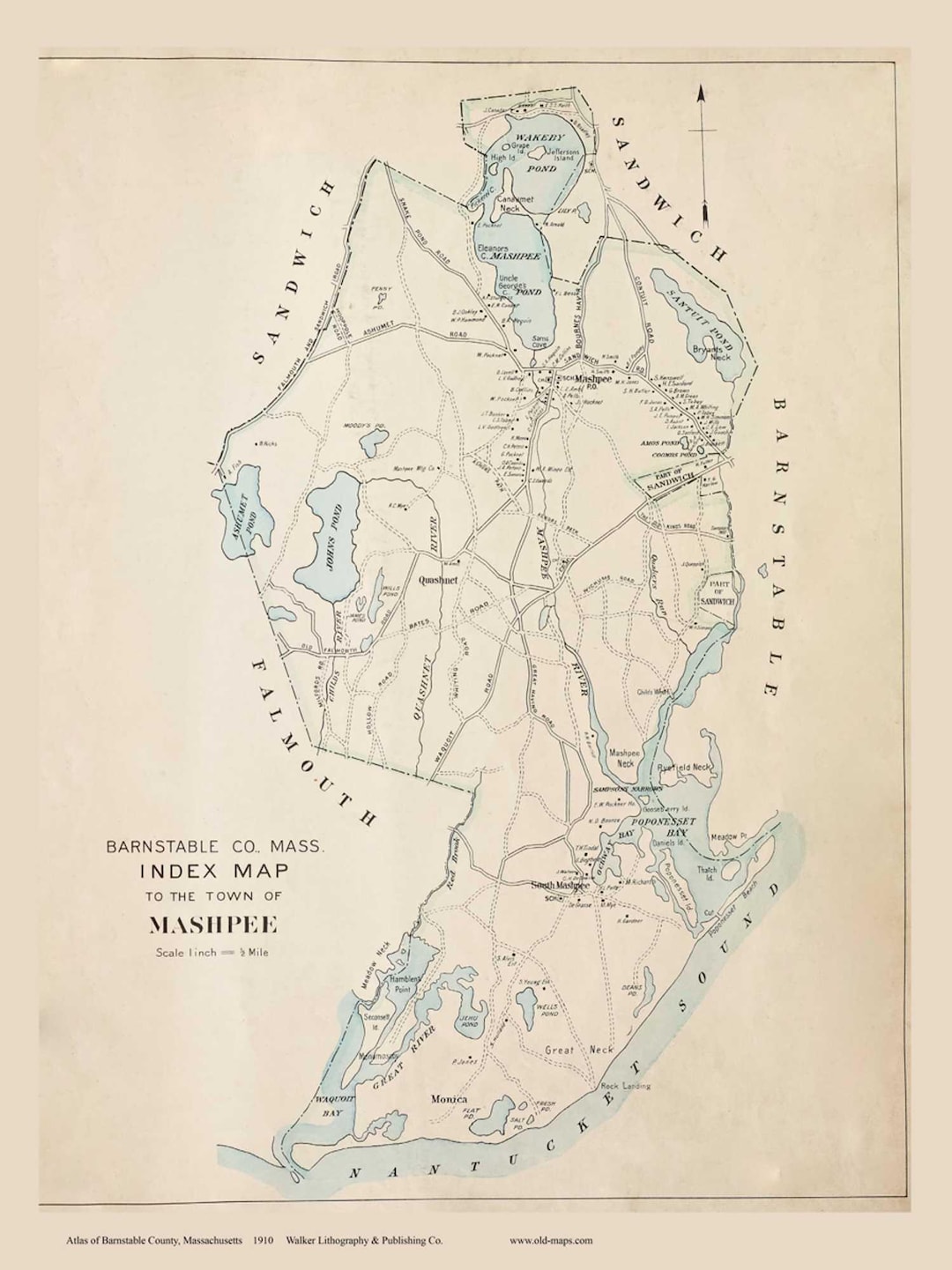 Town of Mashpee - 1910 - Old Street Map Reprint - Barnstable Co ...