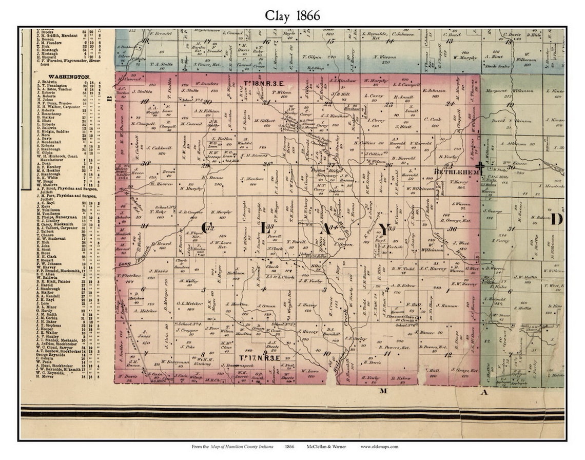 Clay 1866 Old Town Map With Homeowner Names Indiana Bethlehem - Reprint ...