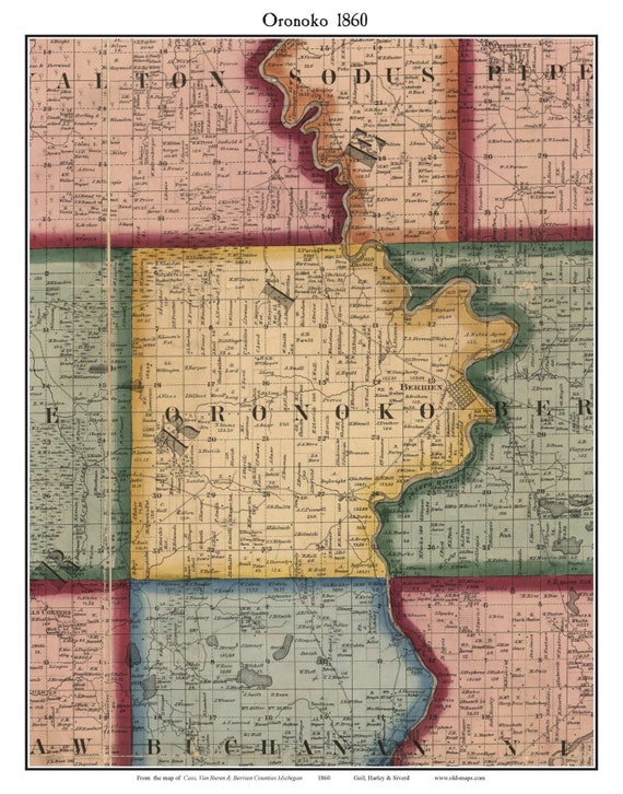 Oronoko 1860 Old Town Map With Homeowner Names Berrien - Etsy