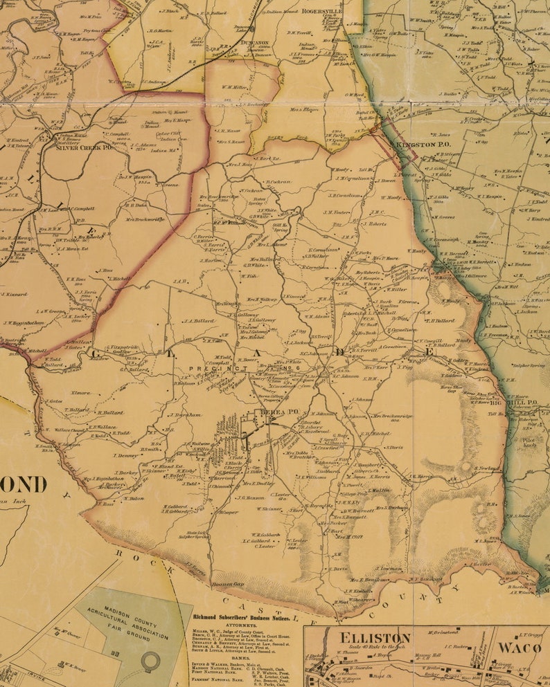 Glade 1876 Old Town Map With Homeowner Names Kentucky Madison County ...