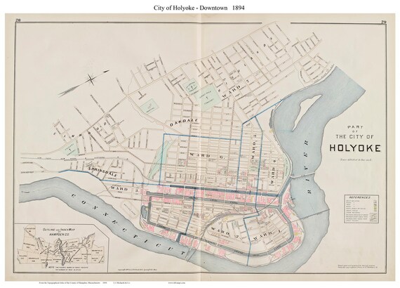 Holyoke City Downtown 1894 Old Town Map Reprint Hampden | Etsy