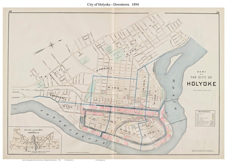 Holyoke City Downtown 1894 Old Town Map Reprint Hampden - Etsy