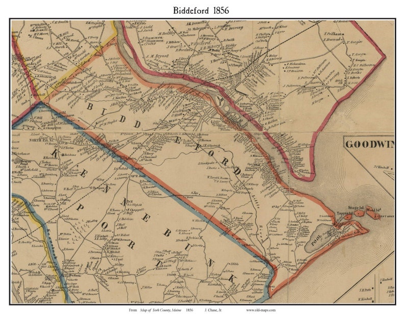 Biddeford 1856 Old Town Map With Homeowner Names Maine - Reprint TM ...