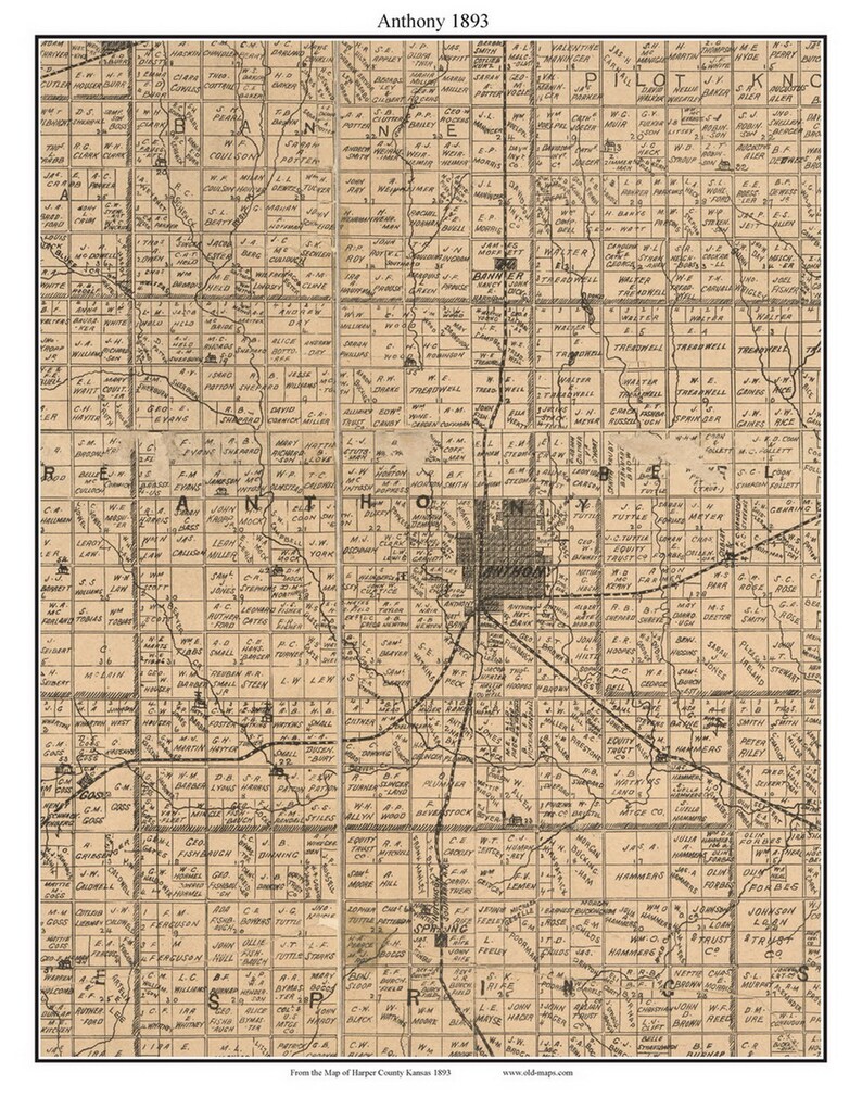 Anthony 1893 Old Town Map With Landowner Names Kansas - Etsy