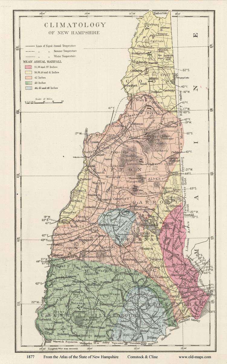 New Hampshire Climate 1877 Old Map Reprint With Annual Rainfall ...
