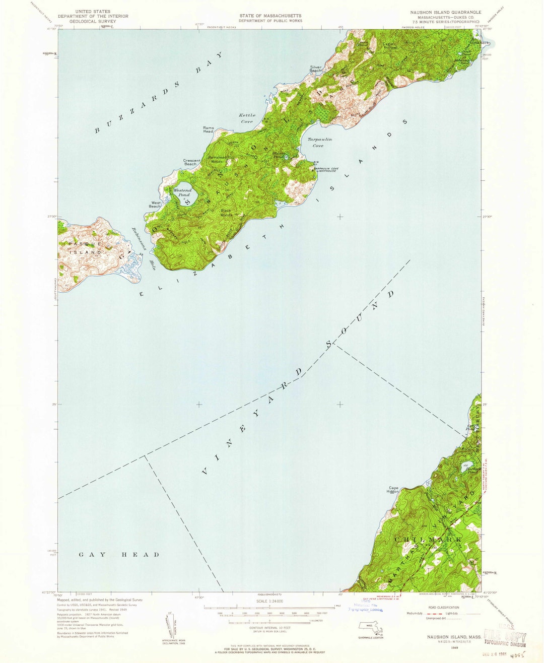 Naushon Island 1949 Old Topo Map Quad Reprint Elizabeth Islands Naushon ...