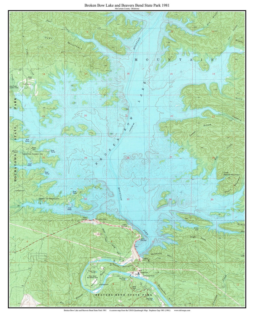 Broken Bow Lake Old Topographic Map USGS Beavers Bend State Park Custom ...