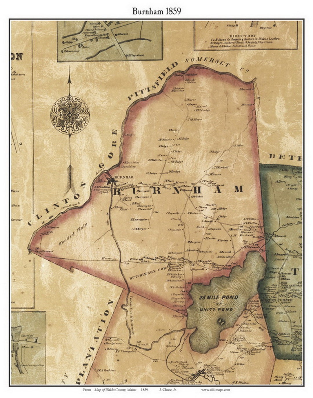 Burnham 1859 Old Town Map With Homeowner Names Maine - Reprint ...