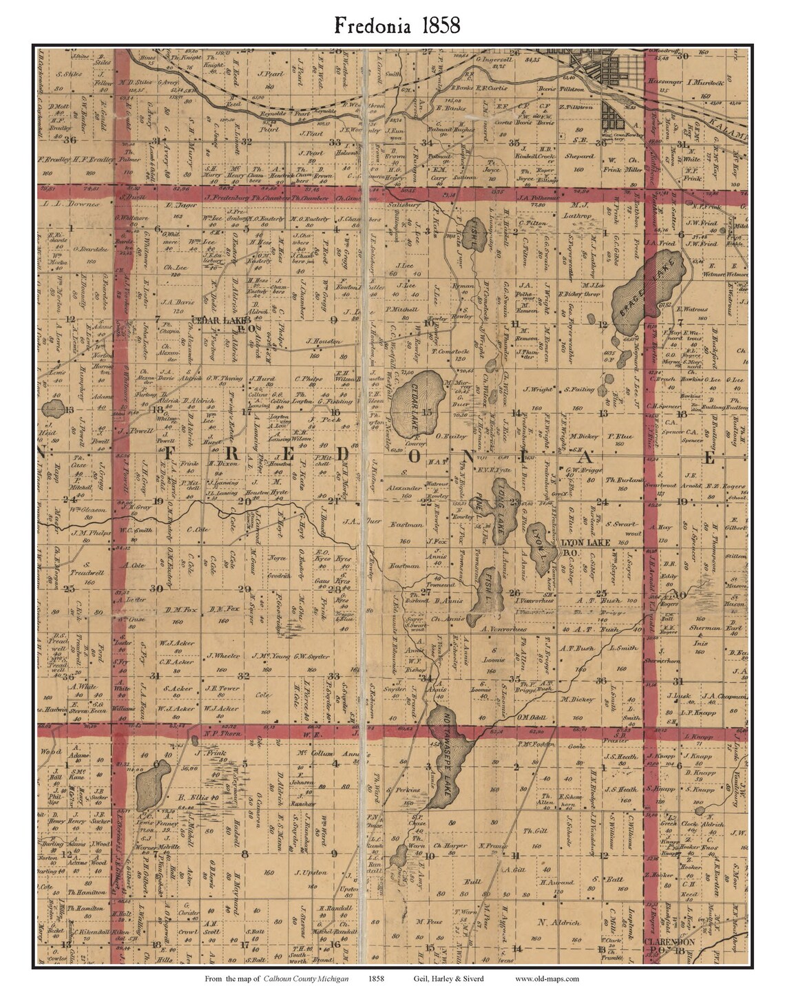 Fredonia 1858 Old Town Map With Homeowner Names - Cedar Lake - Lyon ...