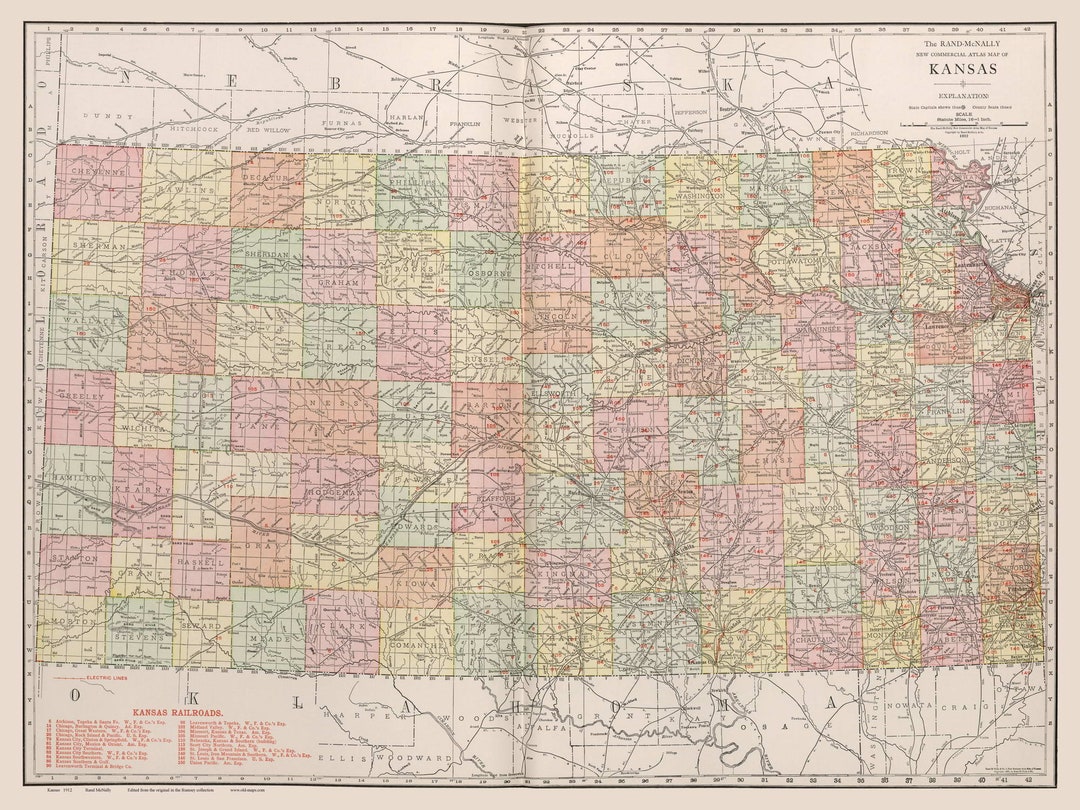 Kansas 1912 - State Map Rand - Old Map Reprint - Etsy