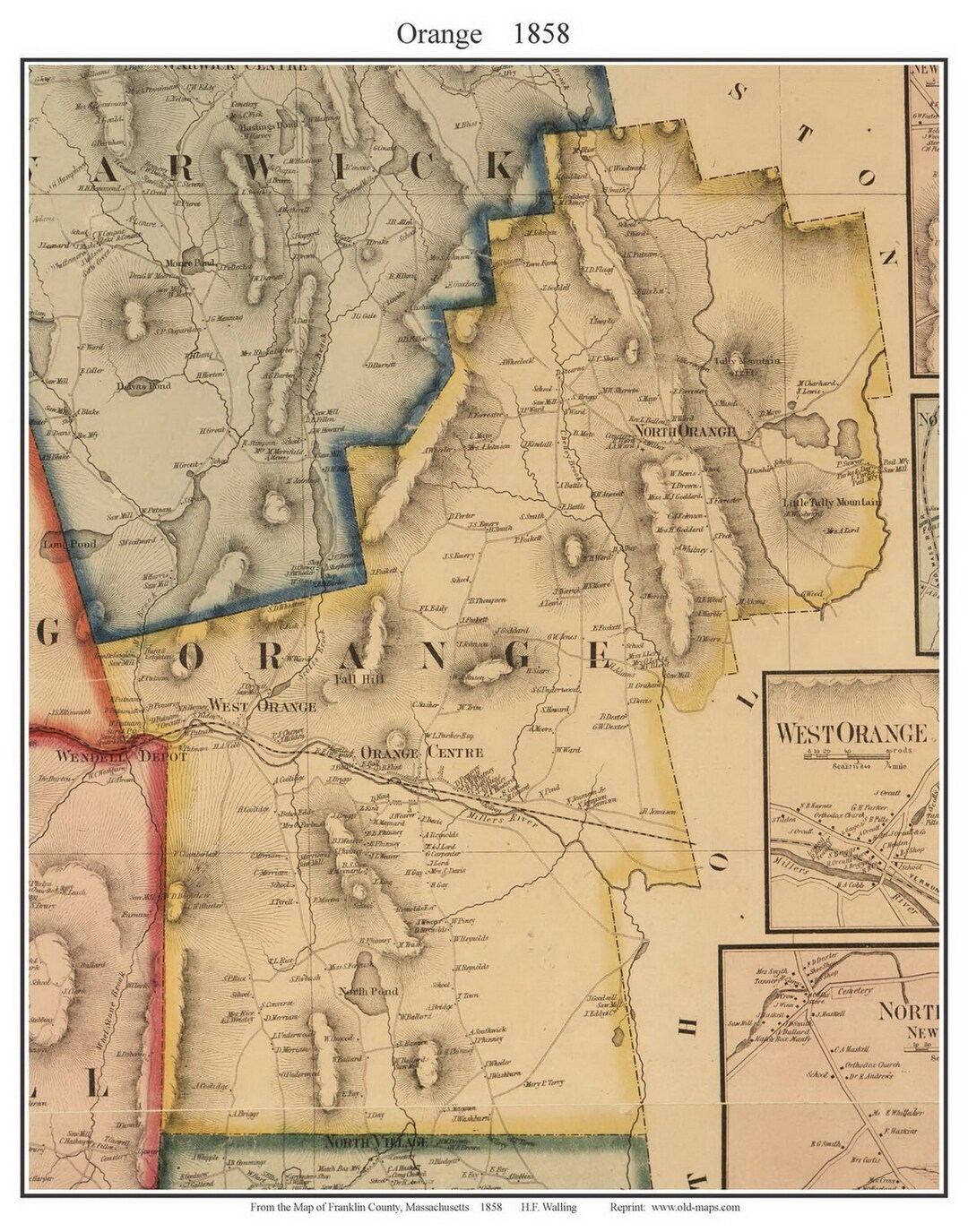 Orange 1858 Old Town Map With Homeowner Names -massachusetts Reprint ...
