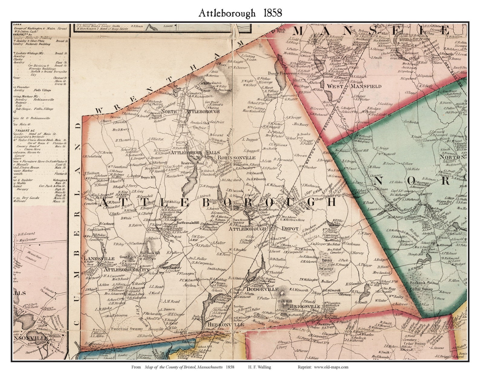 Attleboro 1858 Old Town Map With Homeowner Names Massachusetts - Etsy