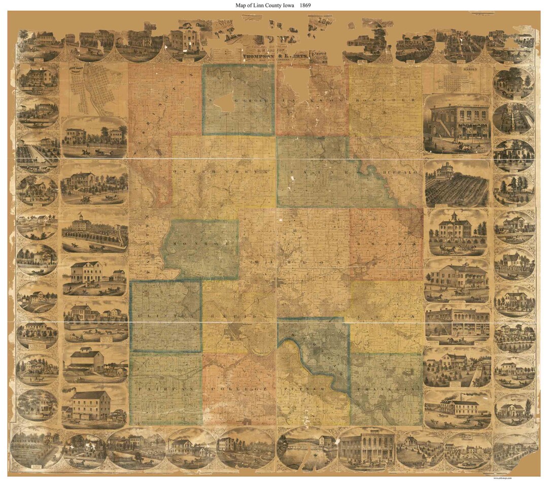 Linn County Iowa 1869 Old Wall Map With Landowner Names Farm Lines ...