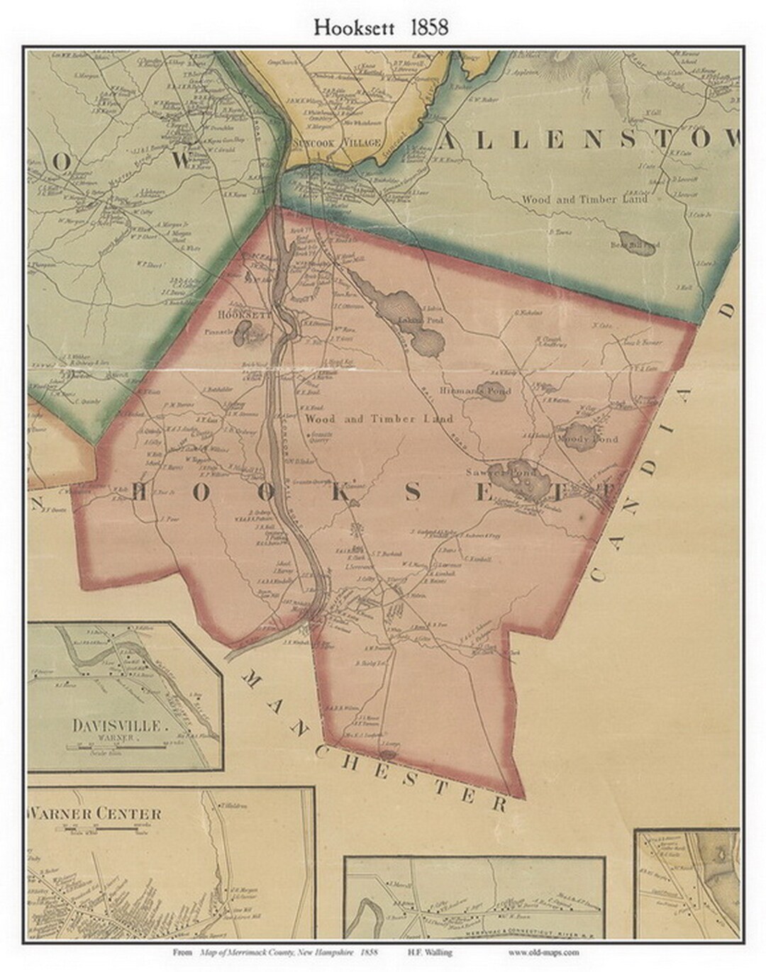 Hooksett 1858 Old Town Map With Homeowner Names New Hampshire - Reprint ...