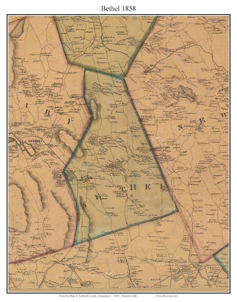 Bethel Connecticut 1858 Old Town Map With Homeowner Names - Reprint ...